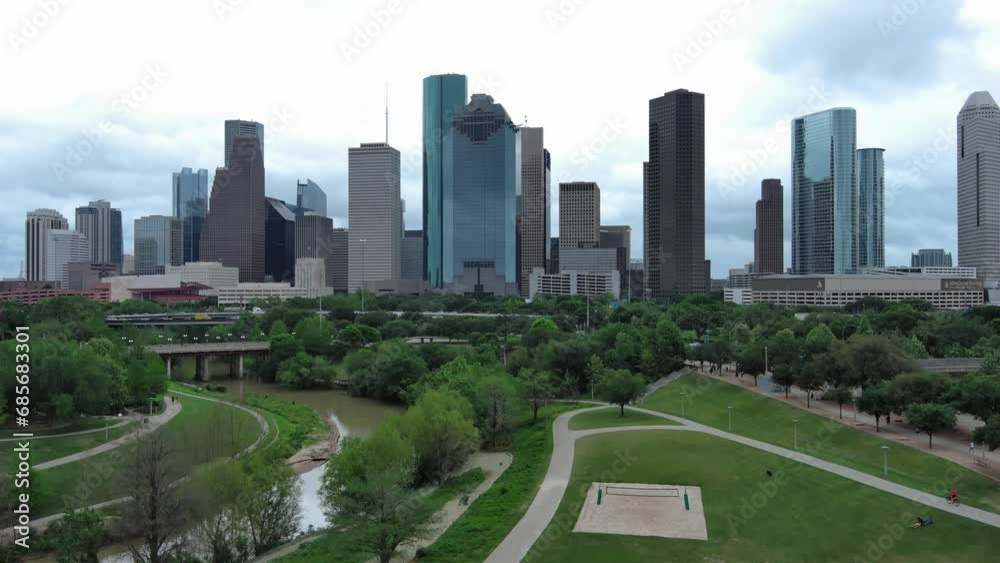 Houston. Downtown. High-rise buildings. Skyscrapers. Expressway. A park ...