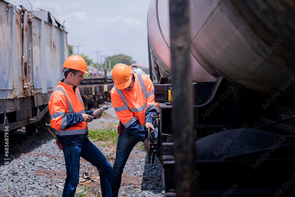 Engineer railway under checking construction process oil cargo train ...