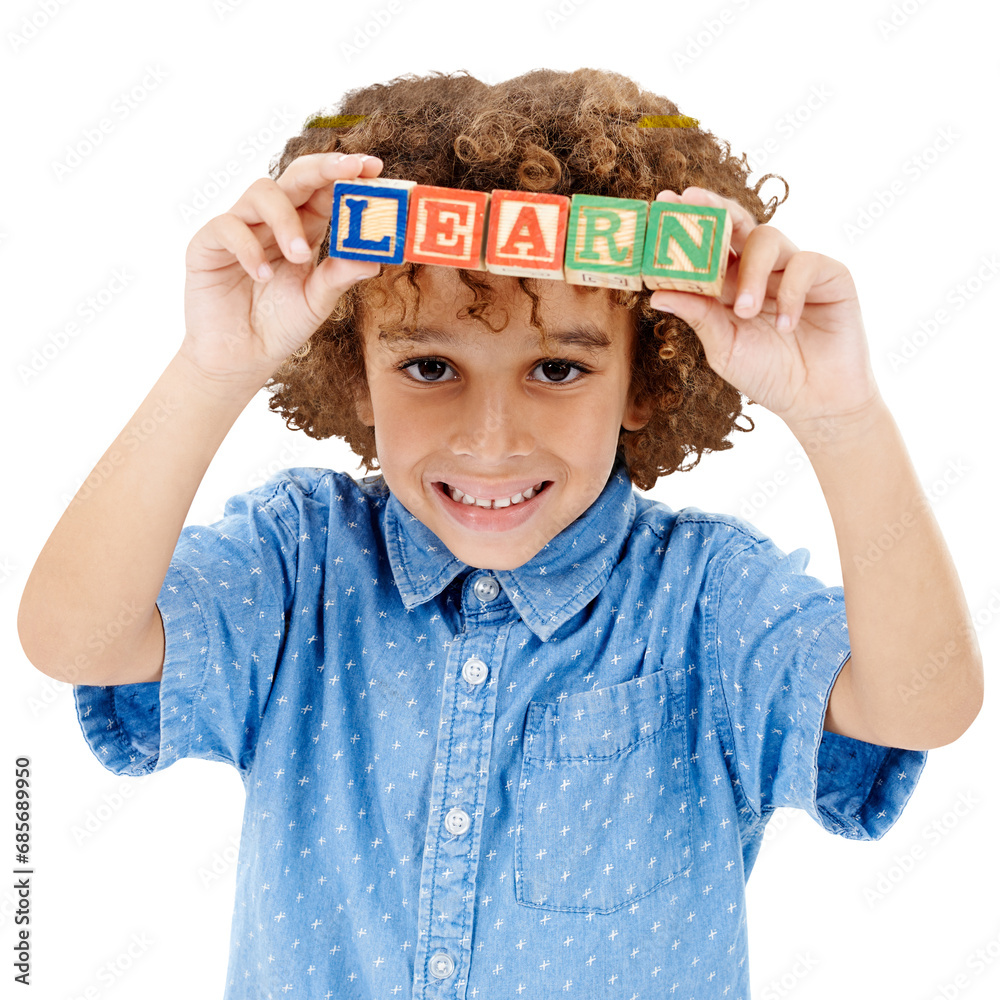 Portrait, happy kid and blocks for learning abc, study or reading ...