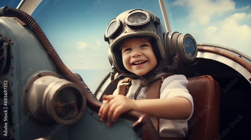 Happy kid dream job airplane captain in a pilot suit posing inside the ...