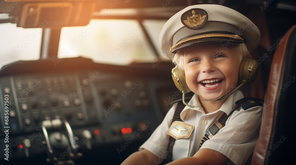 Happy kid dream job airplane captain in a pilot suit posing inside the ...