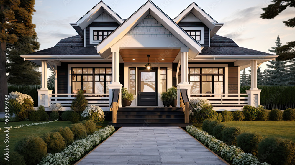 front view entrance door of a modern farmhouse. front view beautiful ...