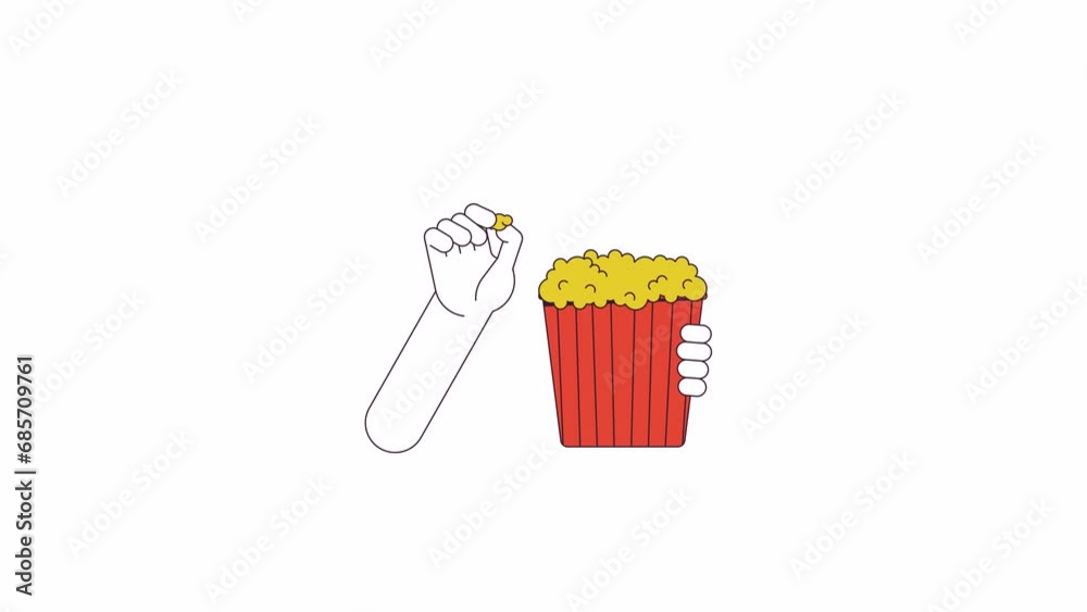 Eating popcorn line 2D character hands animation. Holding bucket with ...