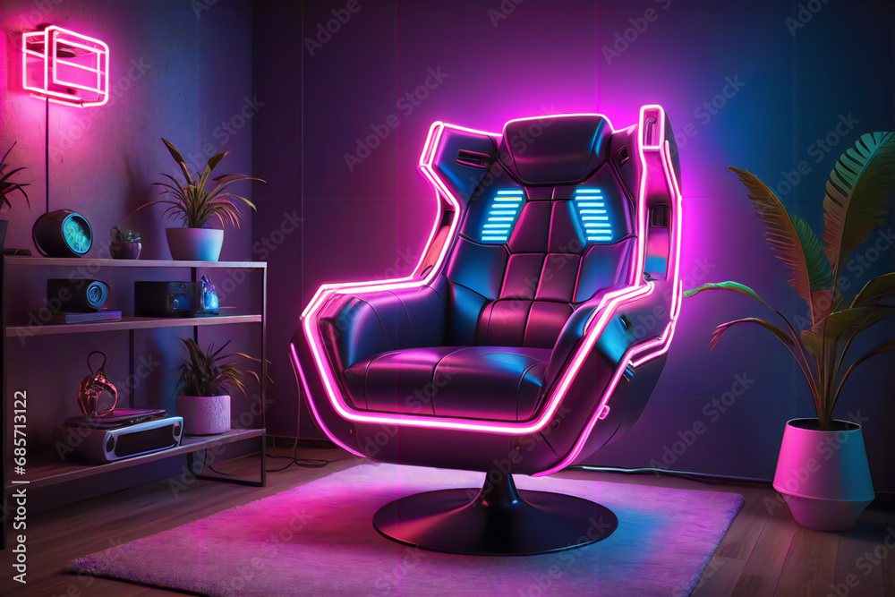 Elegantly designed cyberpunk chair aglow with neon pink lights ...