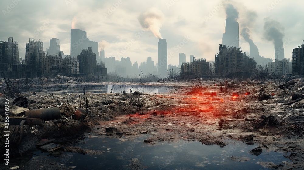 horizontal futuristic illustration of a destroyed city in a post ...