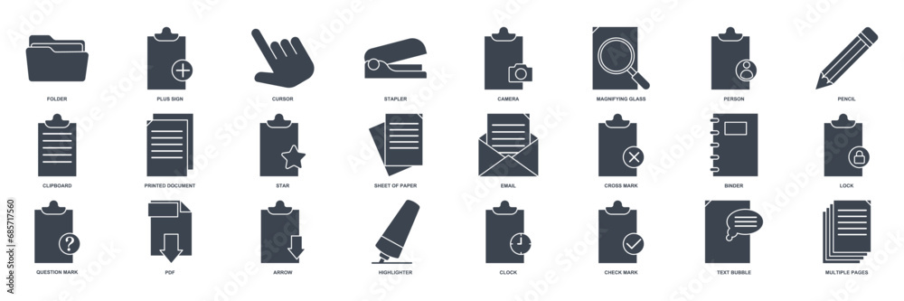 Document icon set, Included icons as Pencil, Folder, Clipboard ...