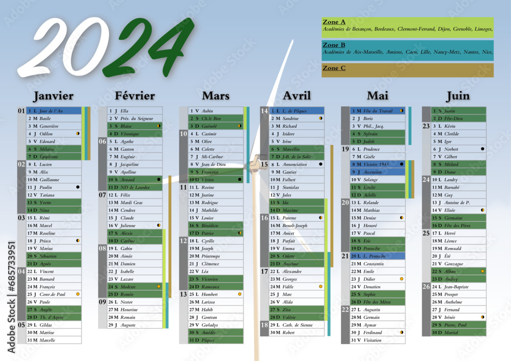 Vetor de Calendrier 2024 A4 semestre 1 avec vacances scolaires, jours ...