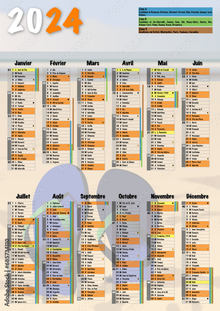 Calendrier 2024 A3 avec vacances scolaires, jours fériés, saints du ...