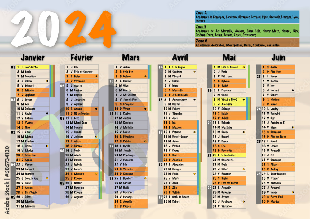 Calendrier 2024 A4 semestre 1 avec vacances scolaires, jours fériés ...