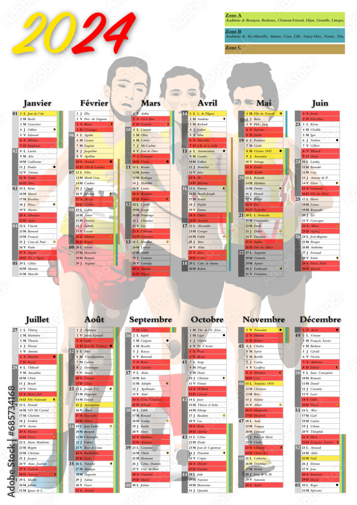 Calendrier 2024 A3 avec vacances scolaires, jours fériés, saints du ...