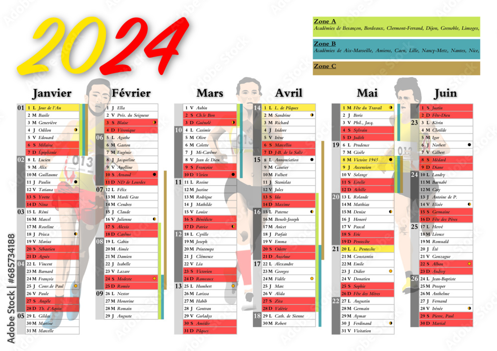 Calendrier 2024 A4 semestre 1 avec vacances scolaires, jours fériés ...
