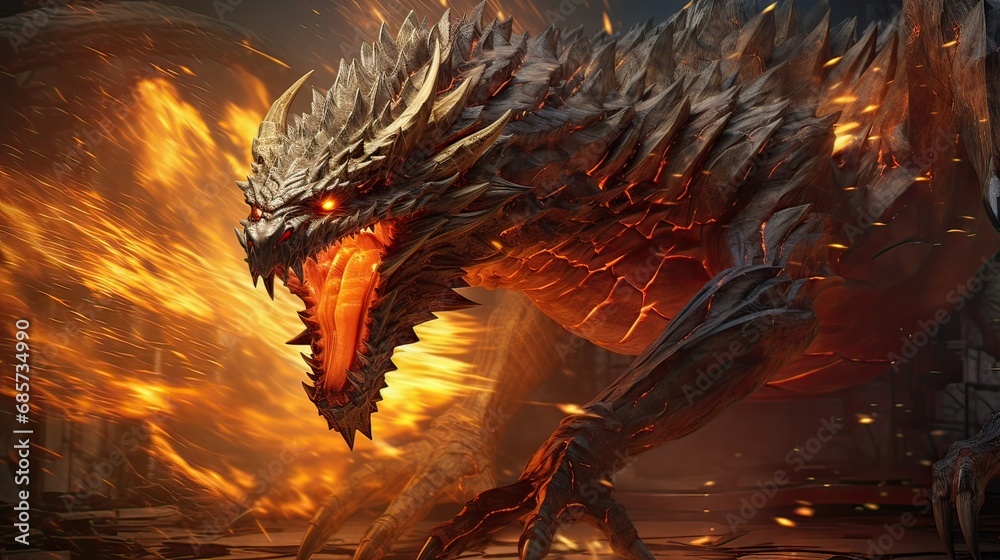 Spectacular dragon breathing out intense fire in a deafening roar. Powerful, mythical, fire ...