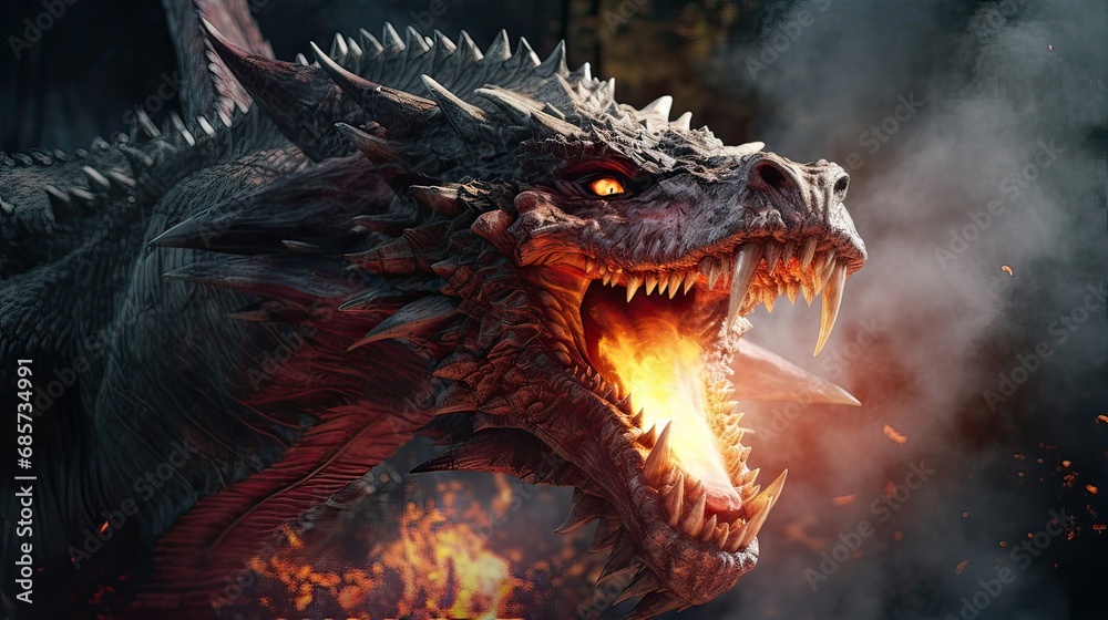 Ferocious dragon emitting scorching flames with a deafening roar ...