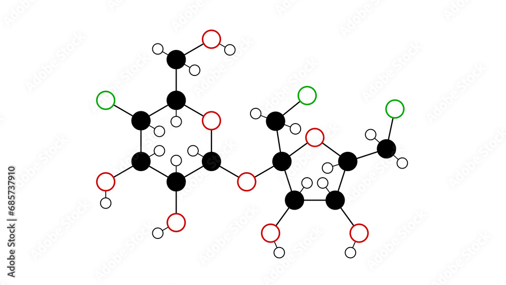 sucralose molecule, structural chemical formula, ball-and-stick model ...