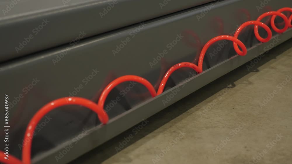 Close-up of a red spiral wire at a car service station, tire service. A ...