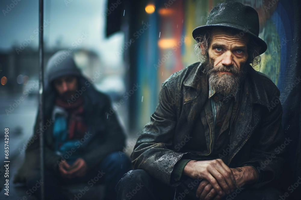 Unhappy homeless man with expressive eyes and mental illness sits on a ...