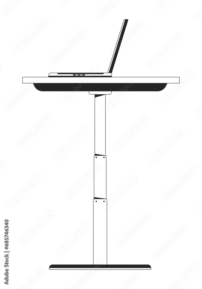 Stand up workstation desk with laptop black and white 2D line cartoon ...