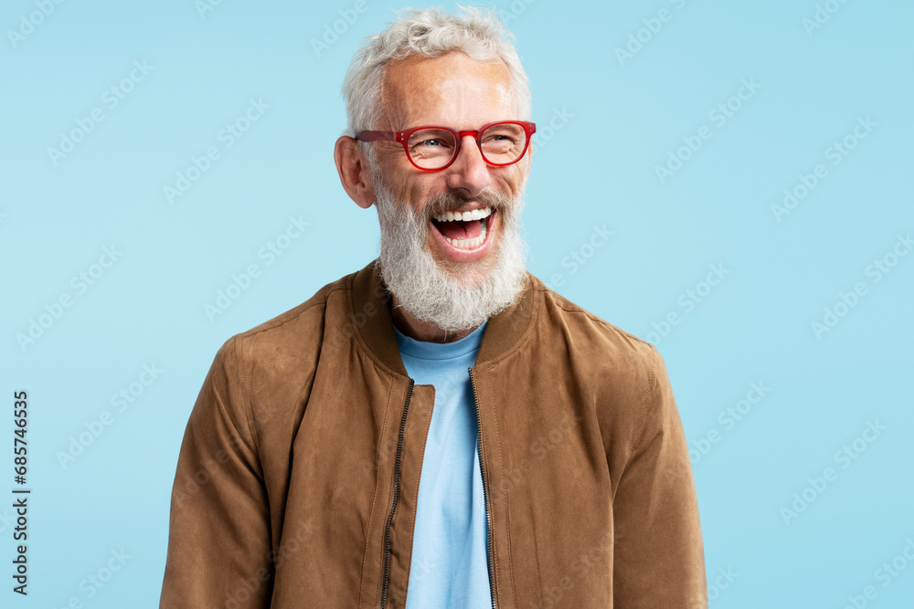 Authentic portrait handsome happy middle aged gray haired man wearing ...