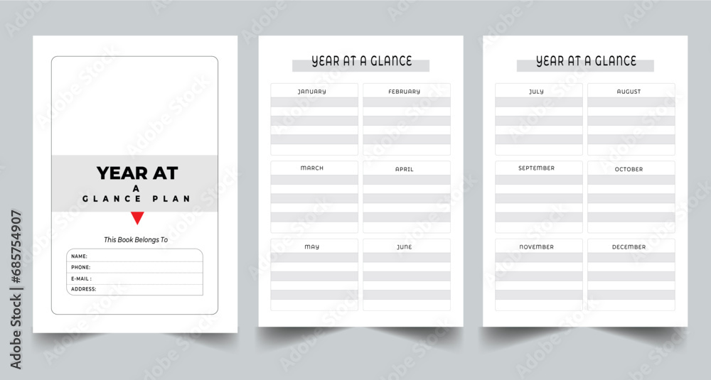 Year at a Glance Planner with cover page layout design template. Stock ...