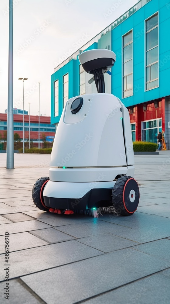 Robotic outdoor street cleaner efficiently tidying and washing outdoors ...