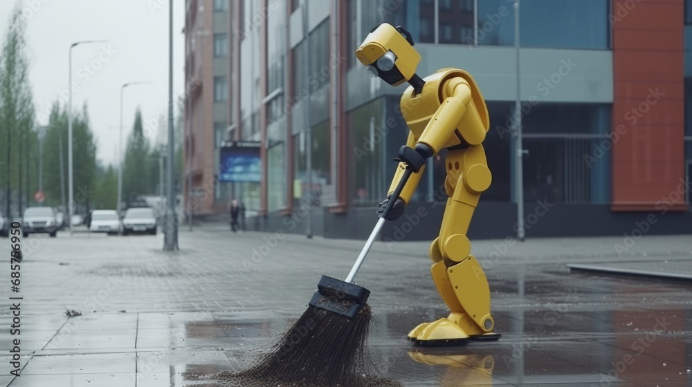 Robotic outdoor street cleaner efficiently tidying and washing outdoors ...