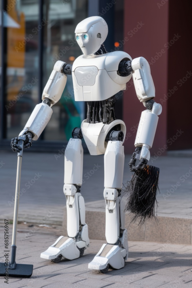 Robotic outdoor street cleaner efficiently tidying and washing outdoors ...