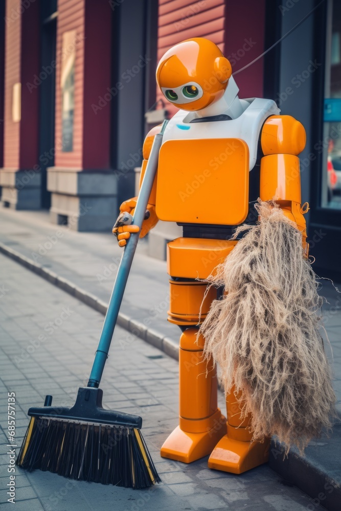 Robotic outdoor street cleaner efficiently tidying and washing outdoors ...