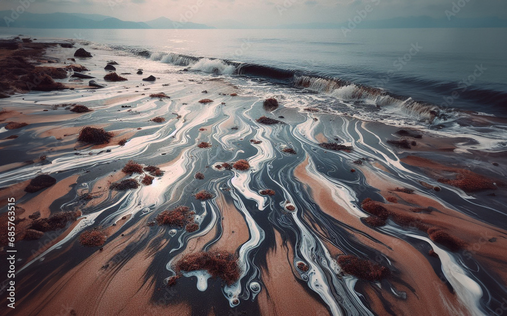 Oil stains in the sea Oil spills onto beaches and waterways. Stock ...