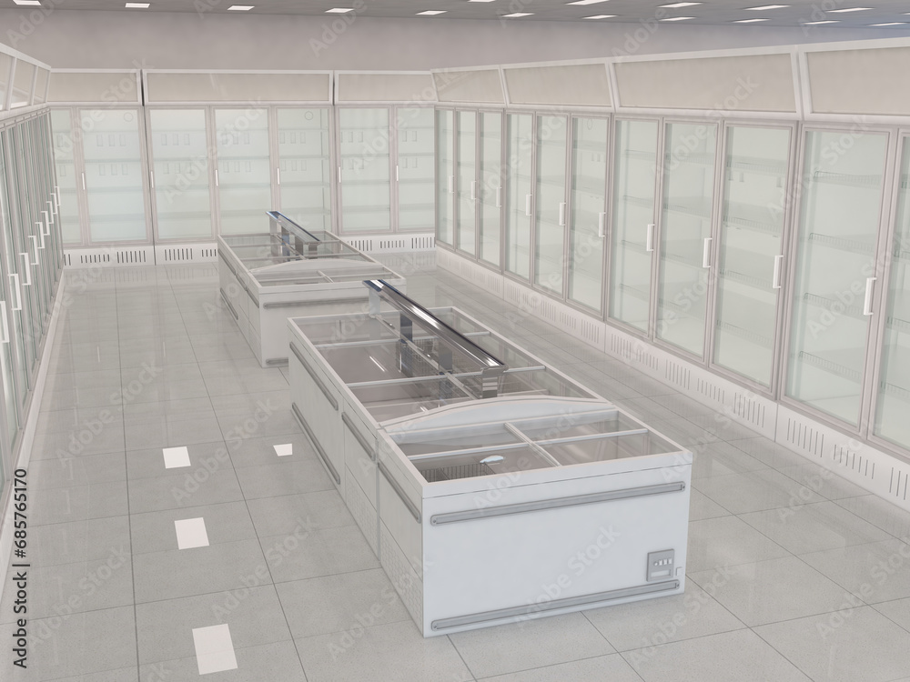 Supermarket or grocery store frozen section or frozen food space with ...