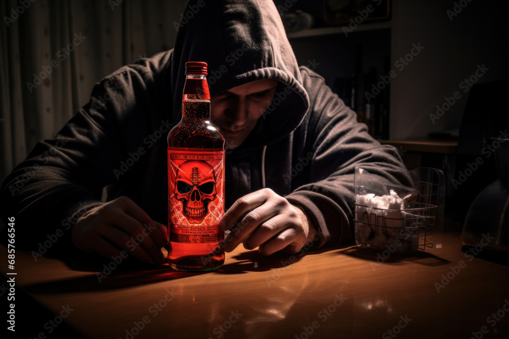 Dangerous bottle of alcohol. The deadly danger of alcohol. Death sign ...