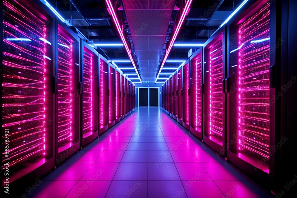 This Image Shows Several Rows Of Fully Functional Server Racks In A