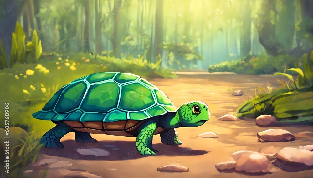 Hello, turtle. She strolls on the damp ground, finding a flat rock to ...