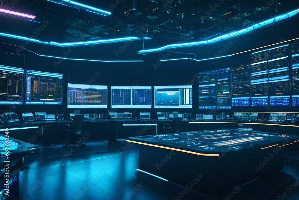A high-tech command center with holographic displays and advanced technology. Futuristic screens ...