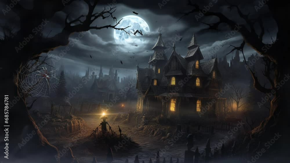 Creepy horror house animation in the forest with fog, bats and full ...