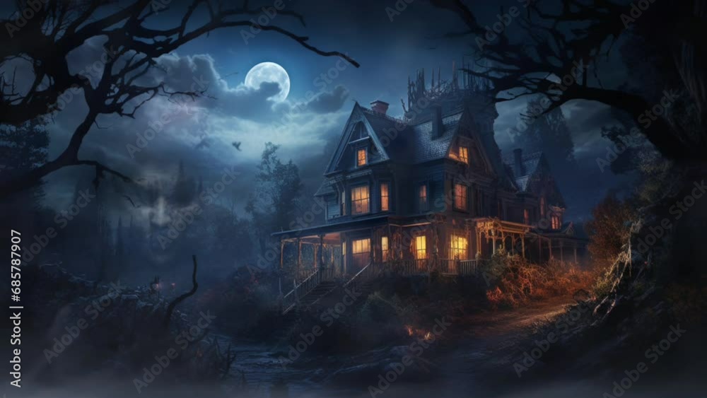 Creepy horror house animation in the forest with fog, bats and full ...