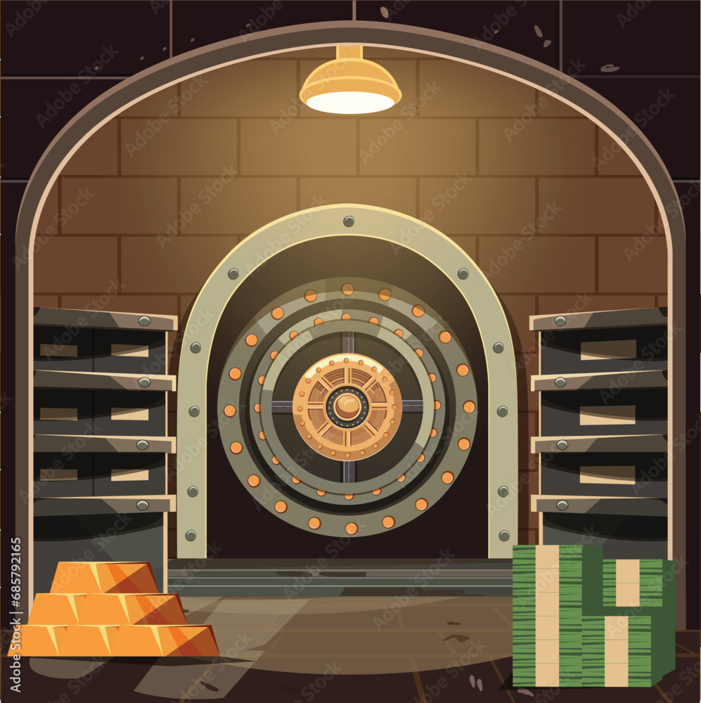 Cartoon Color Bank Vault Interior Inside Scene Concept Flat Design ...