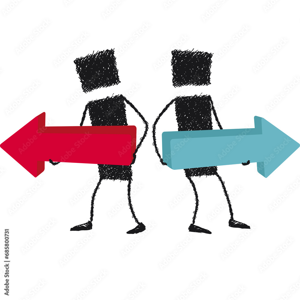 Opposite directions, stick figure. Two stick figures holding two large ...