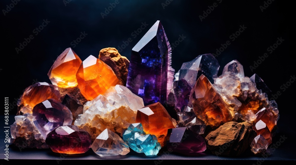 a group of crystals sitting on top of each other on top of a black ...