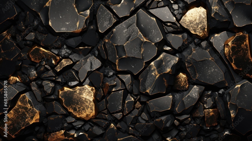 a close up of a bunch of rocks with gold and black rocks in the middle ...