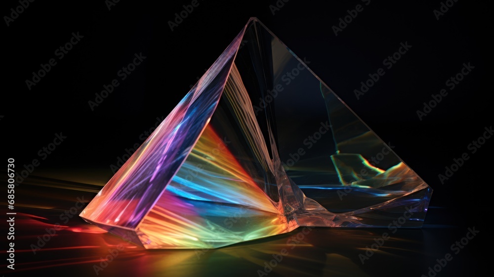 a multicolored triangular shaped object sitting on a black surface with ...