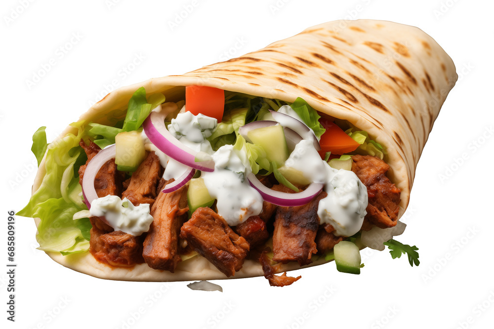 gyros fast food in flatbread, lettuce, tomatoes, onions, rolled ...