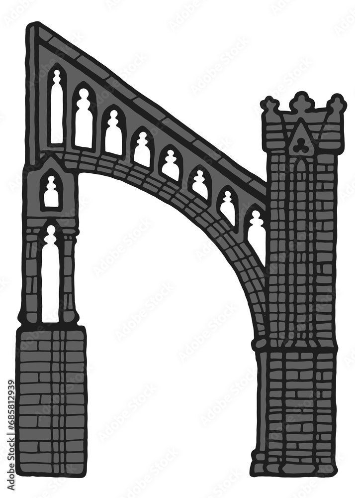 Gothic flying buttress stylized drawing. Architectural stone support ...