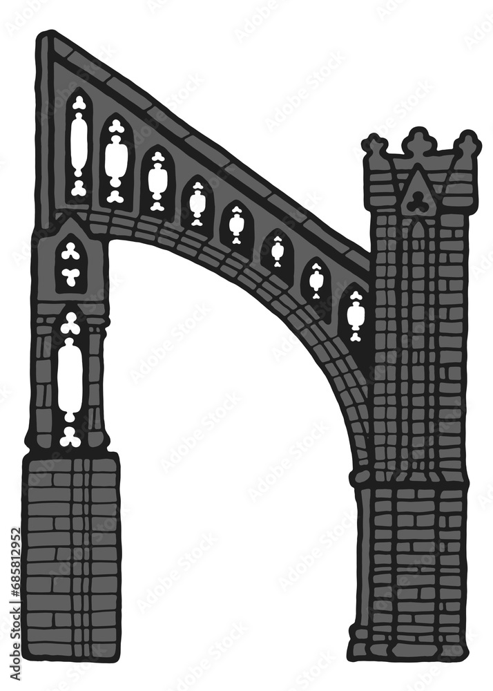 Gothic flying buttress stylized drawing. Architectural stone support ...