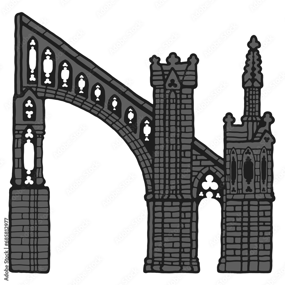 Gothic flying buttress stylized drawing. Architectural stone support ...
