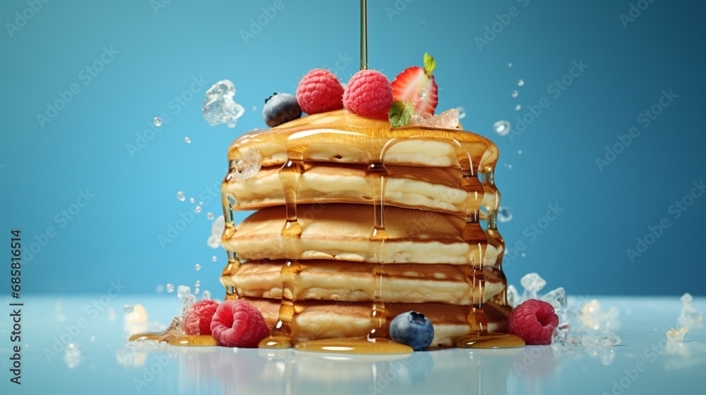 A tower of fluffy pancakes dripping with maple syrup and berries, set ...