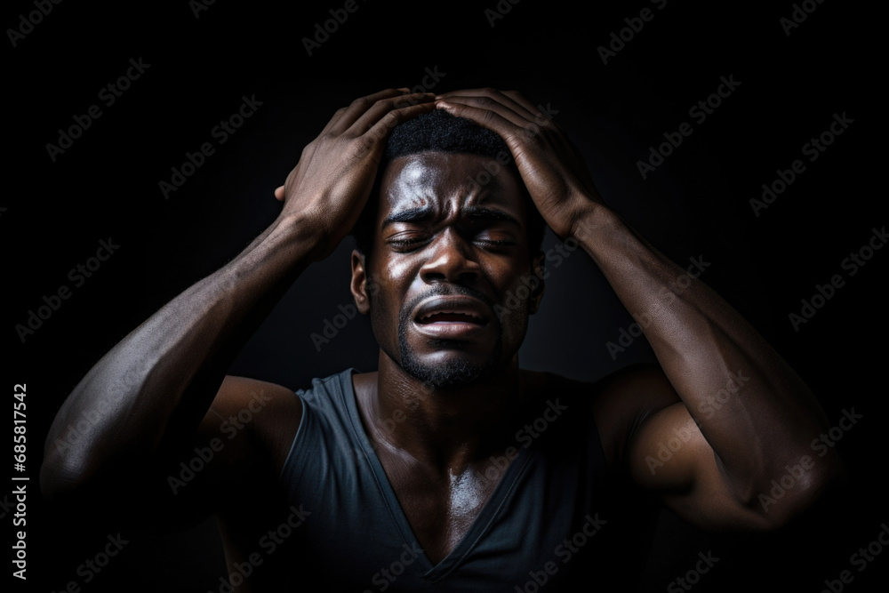 Desperate black man is crying and screaming against dark background ...