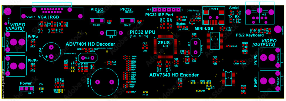 Placement of components of radio elements (contact pads and seats) on ...