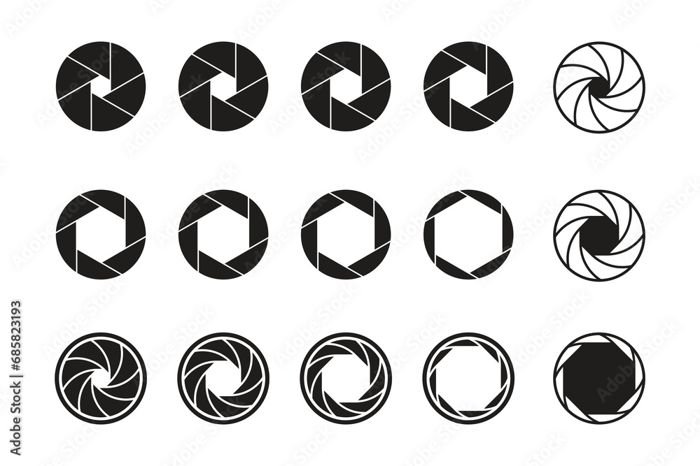 Camera shutter icons set. Camera lens diaphragm. Lens aperture, photo ...