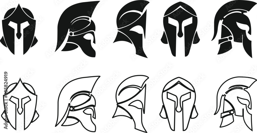 spartan helmet icon in flat, line style set isolated on transparent ...
