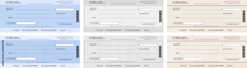 Blank bank cheque template design set Stock Vector | Adobe Stock